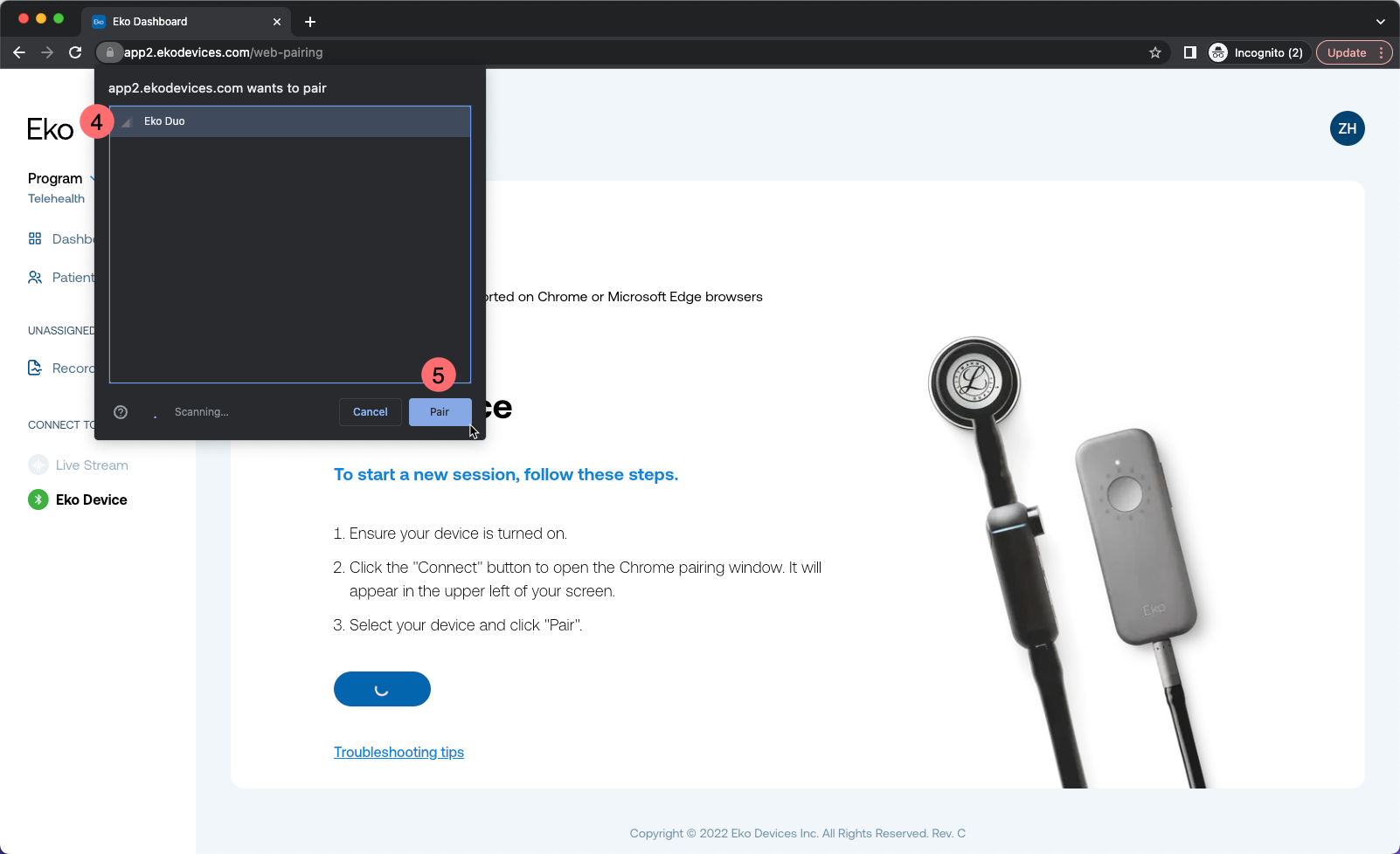 Pair an Eko device with web pairing on the Eko Dashboard – Eko SENSORA ...