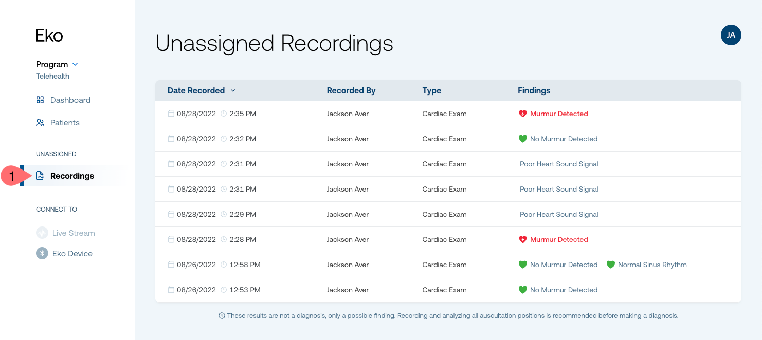 Manage unassigned recordings – Eko SENSORA Help Center