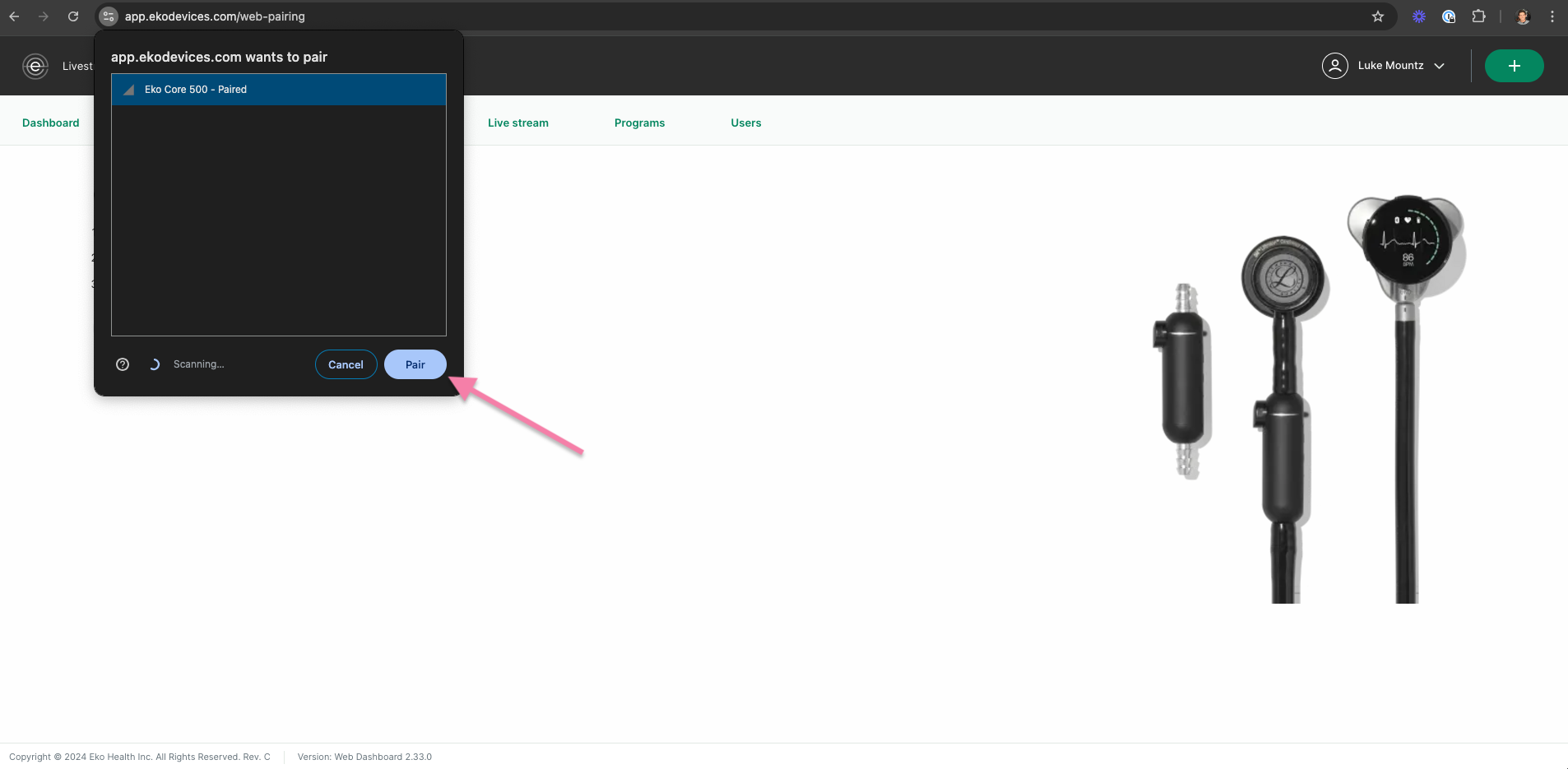 Pair an Eko device with web pairing on the Eko Dashboard – Eko SENSORA ...